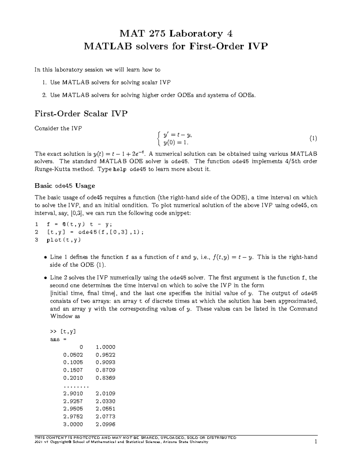 Lab4 - ODE equations - MAT 275 Laboratory 4 MATLAB solvers for First-Order IVP In this ...