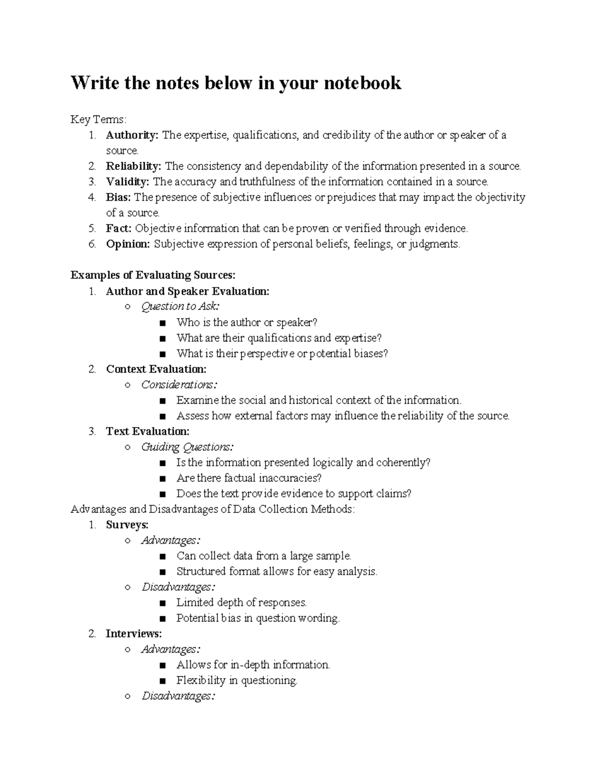 Evaluating Sources - Research - Write the notes below in your notebook ...