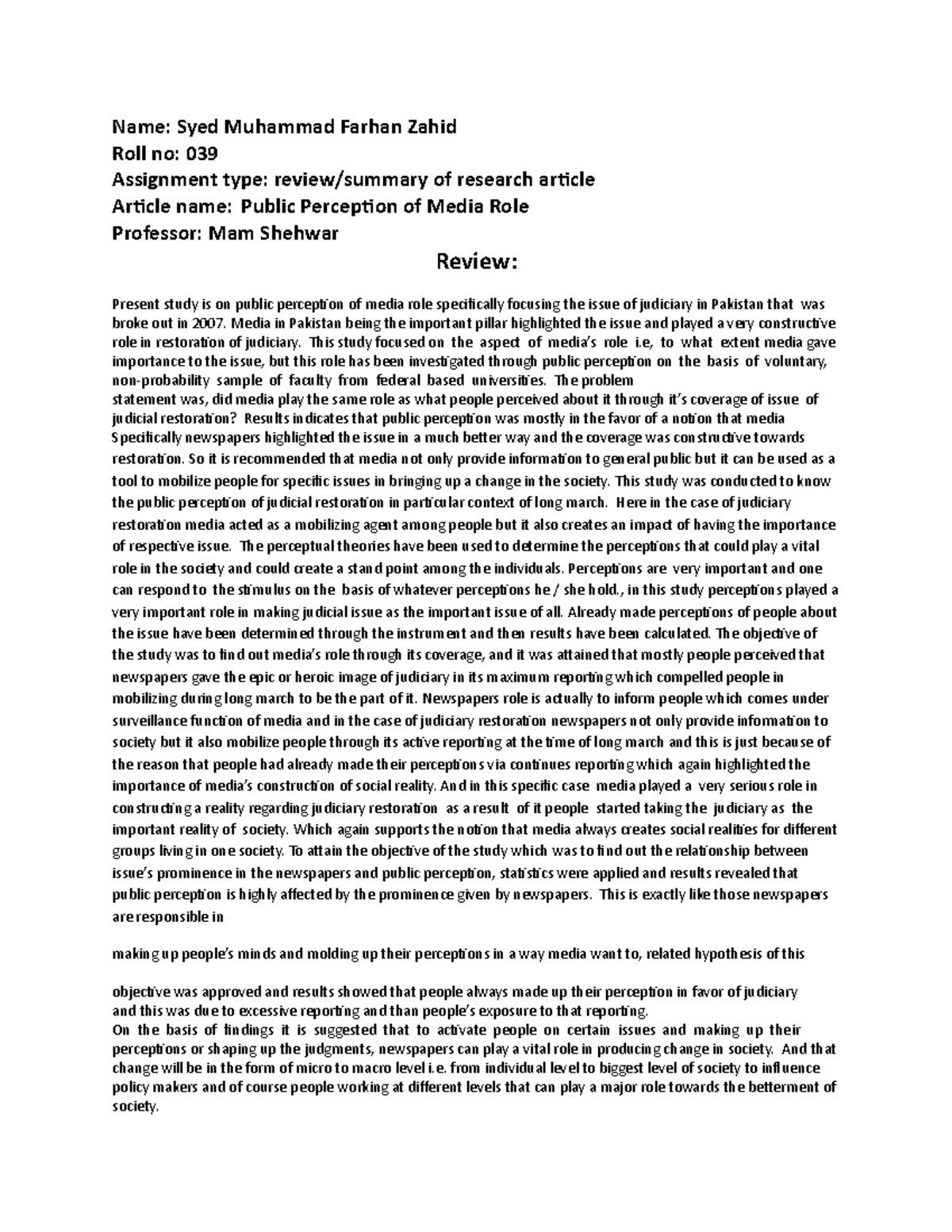 Farhan mam shehwar assignment 1 - Name: Syed Muhammad Farhan Zahid Roll ...