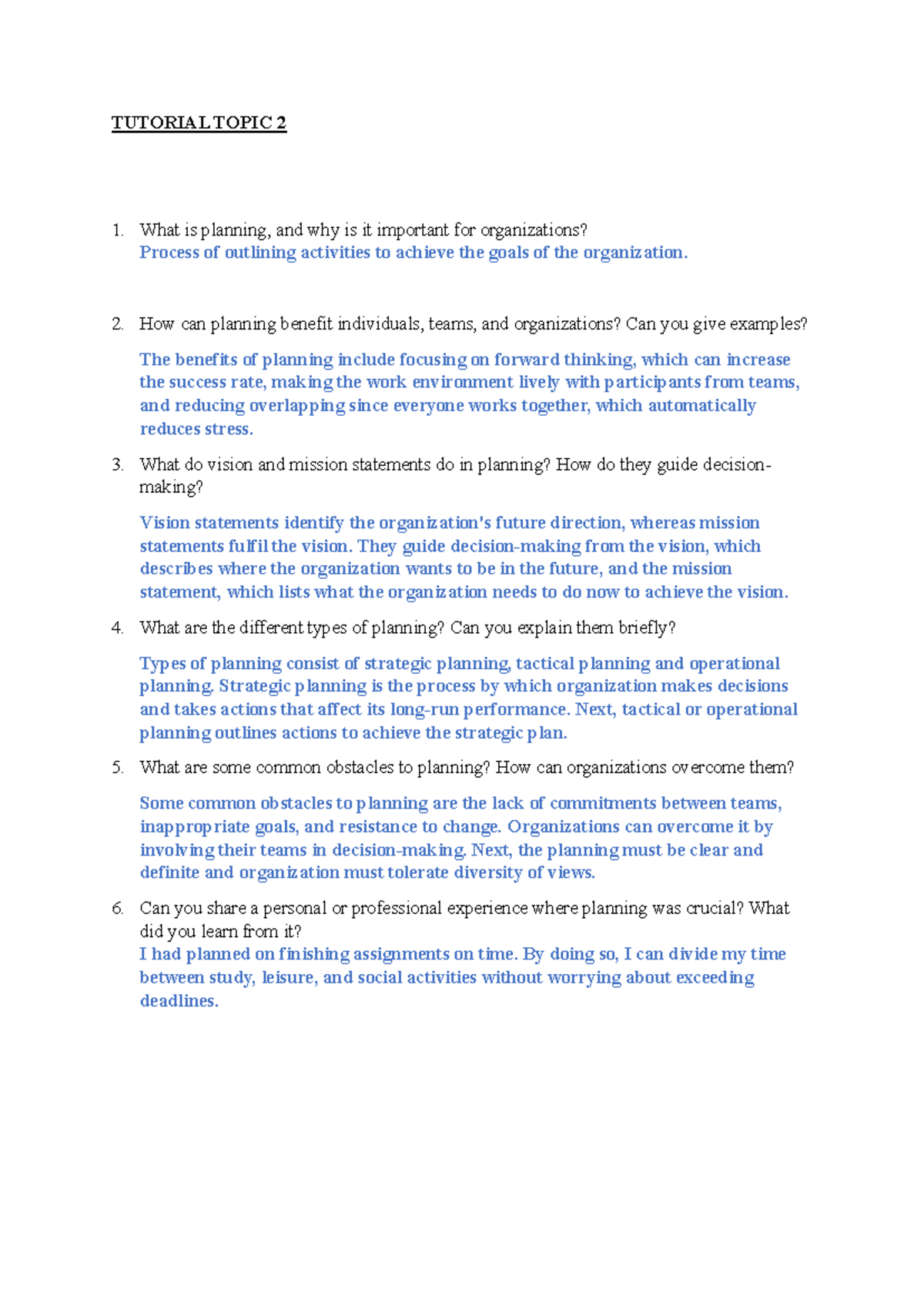 Tutorial Topic 2 - Planning - TUTORIAL TOPIC 2 What is planning, and ...