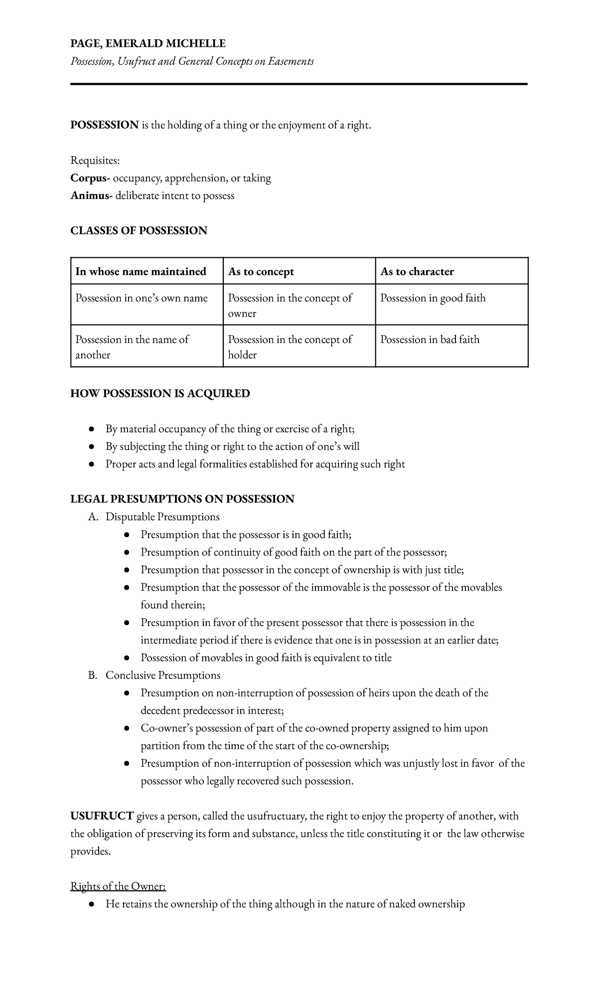 Law on Possession - law - PAGE, EMERALD MICHELLE Possession, Usufruct ...