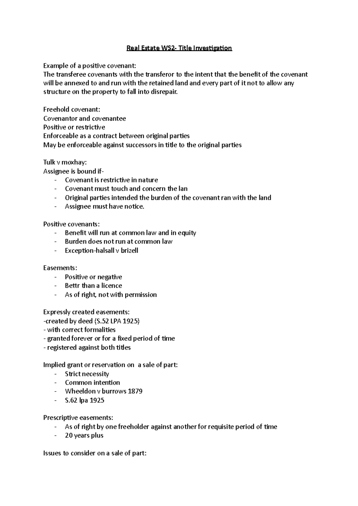 Real Estate WS2 - Freehold covenant: Covenantor and covenantee Positive ...