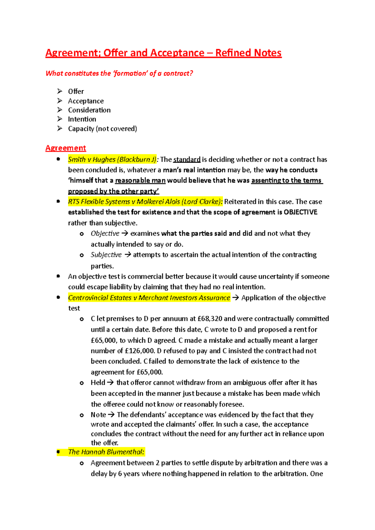 Contract Cycle 1 Final Notes - Agreement; Offer and Acceptance ...
