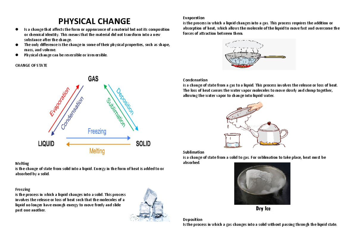 Physical Change - Notes - PHYSICAL CHANGE Is a change that affects the ...