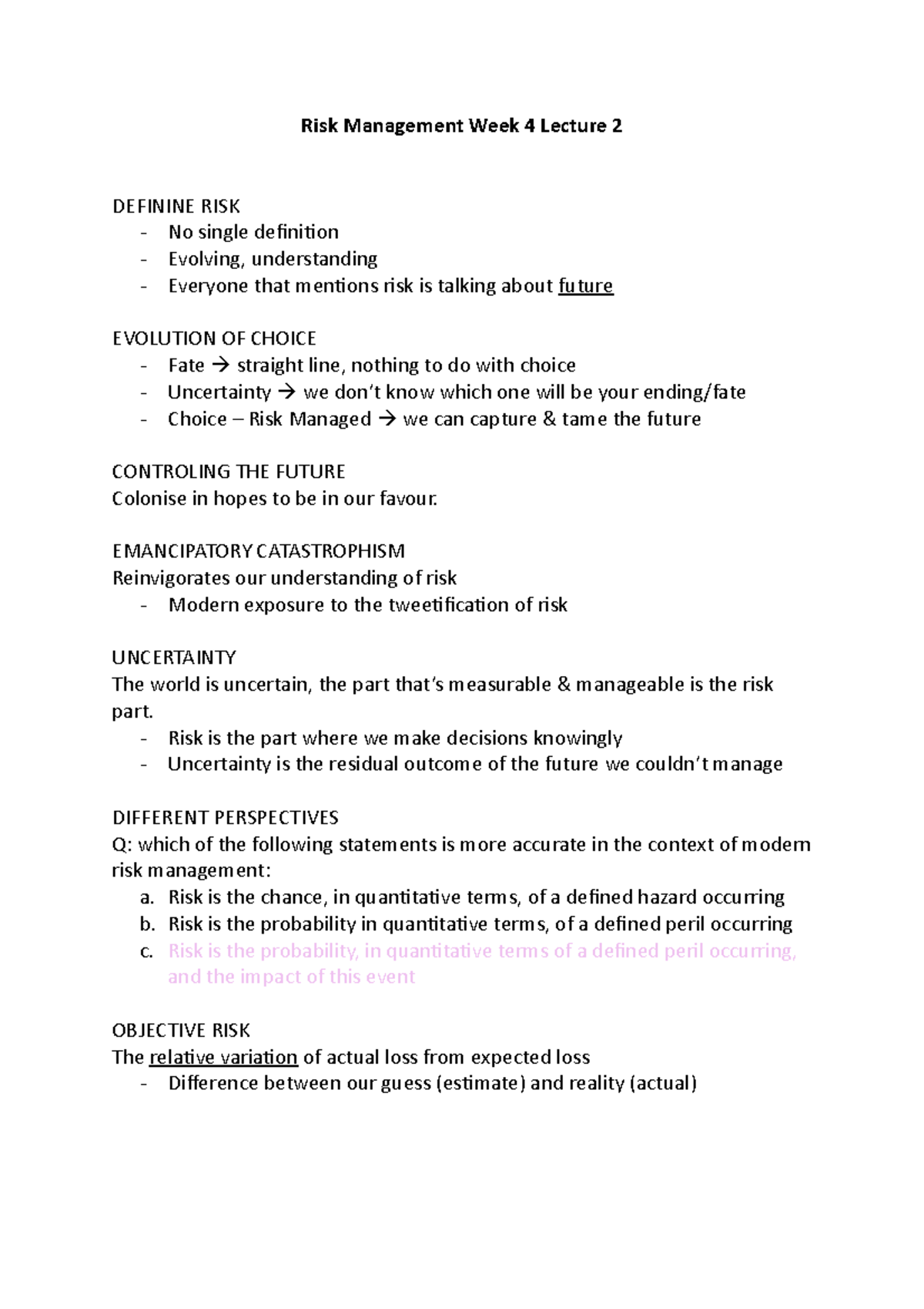 Risk Management Week 4 Lecture 2 - Risk Management Week 4 Lecture 2 ...