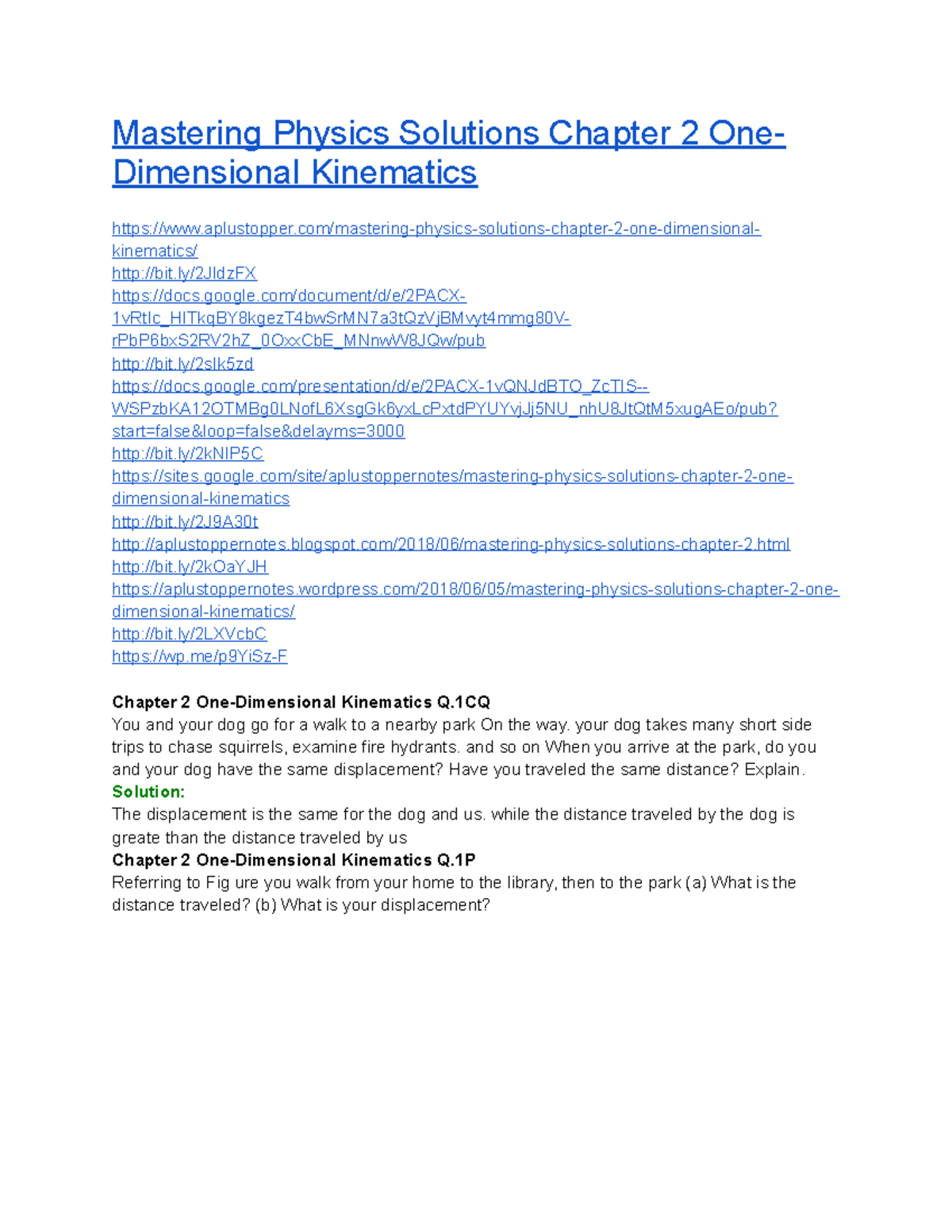 Mastering Physics Solutions Chapter 2 One-Dimensional Kinematics ...
