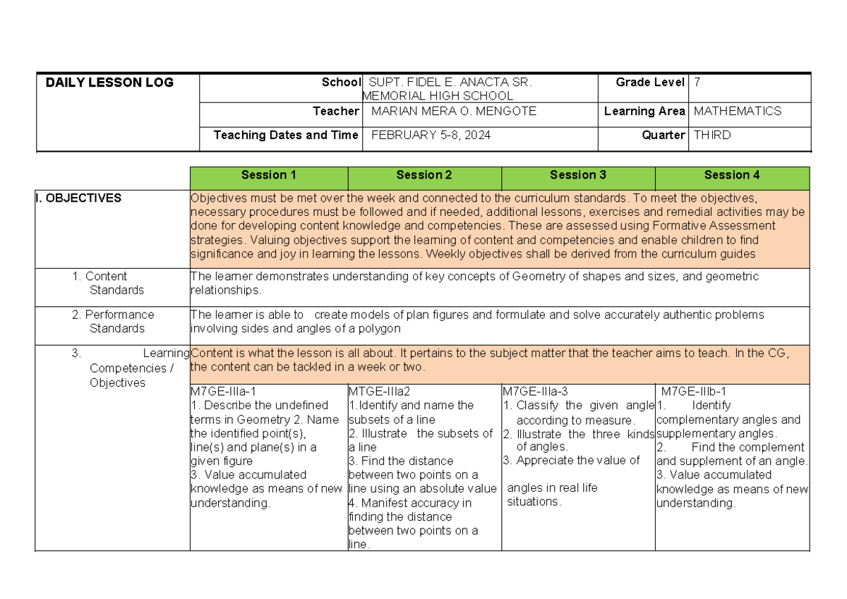 DLL MATH7 Q3 W1 - Lesson Log for Math 7 - DAILY LESSON LOG School SUPT ...