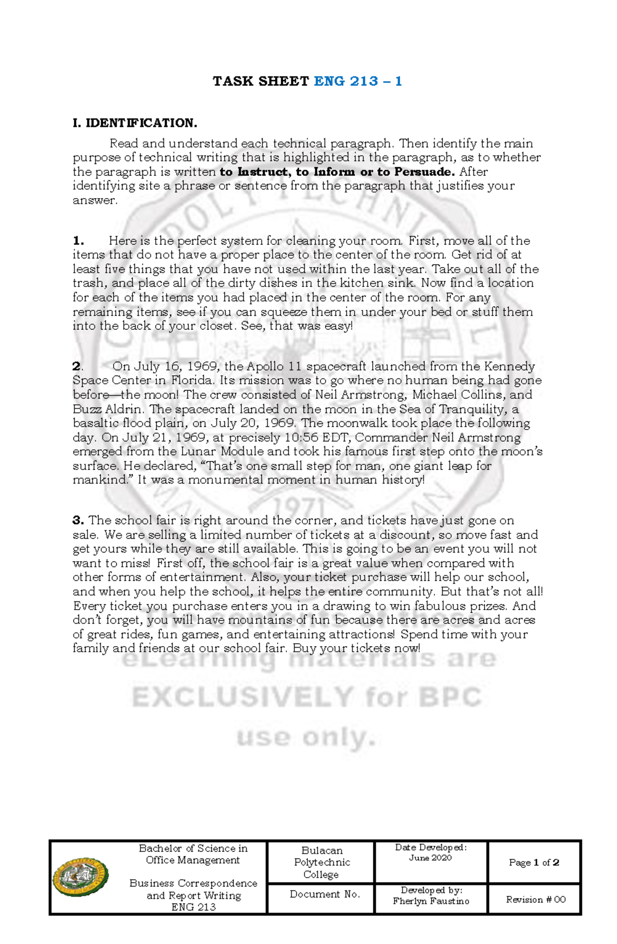 Task sheet 1 - to help other students - Bachelor of Science in Office ...