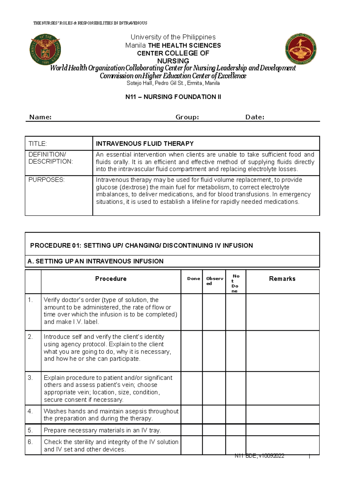 PC IV Therapy checklist - THE NURSES’ ROLES & RESPONSIBILITIES IN ...