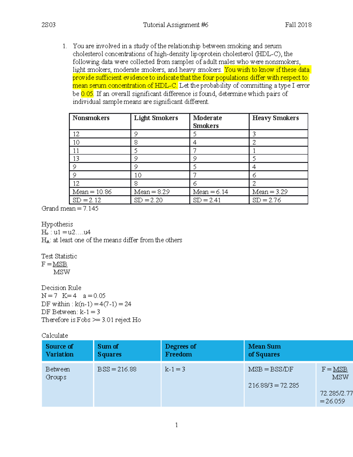 Tutorial Assignment 6 - You are involved in a study of the relationship between smoking and ...