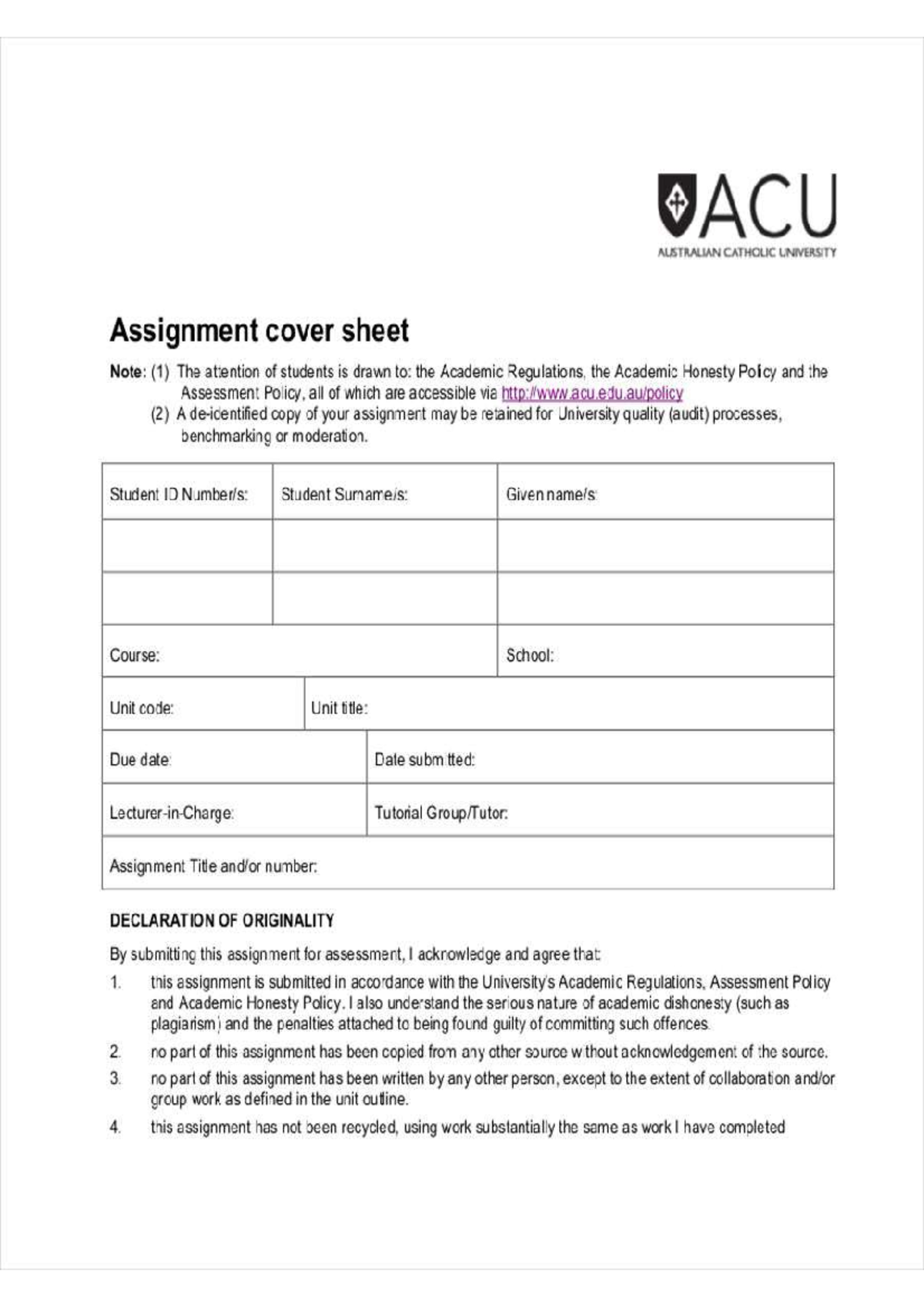 Assignment Cover Sheet Example - Information technology - Studocu
