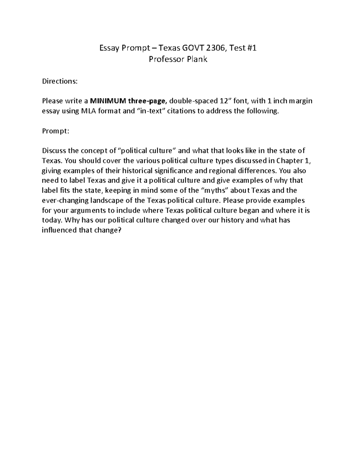 2306Essay Prompt Test#1 5W2OL Fall2023 - Essay Prompt – Texas GOVT 2306 ...