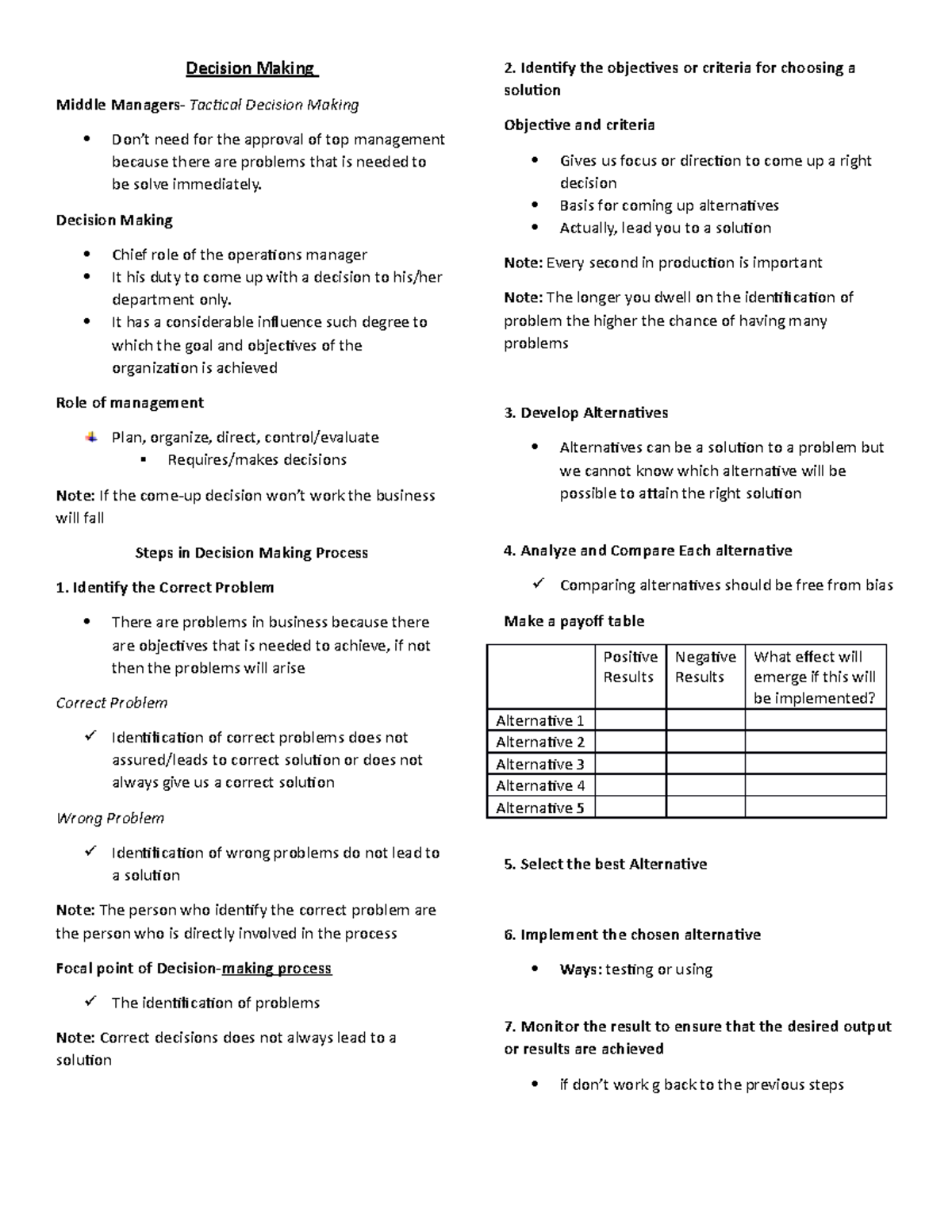 operational management - notes for Decision-Making - Decision Making ...