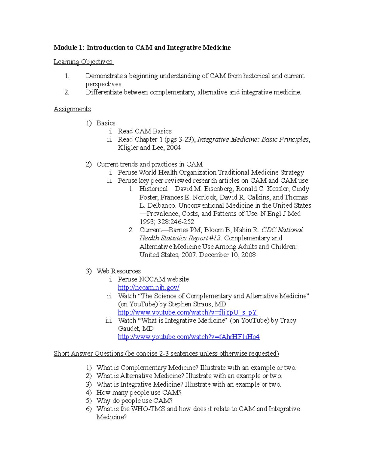 CAM Module 1 - tst prep - Module 1: Introduction to CAM and Integrative ...