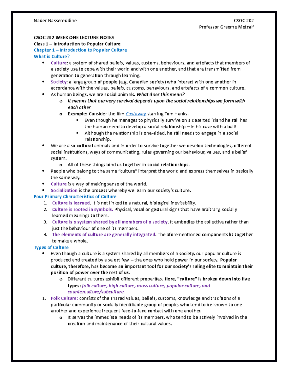 CSOC 202 WEEK ONE Lecture Notes - Professor Graeme Metcalf CSOC 202 ...