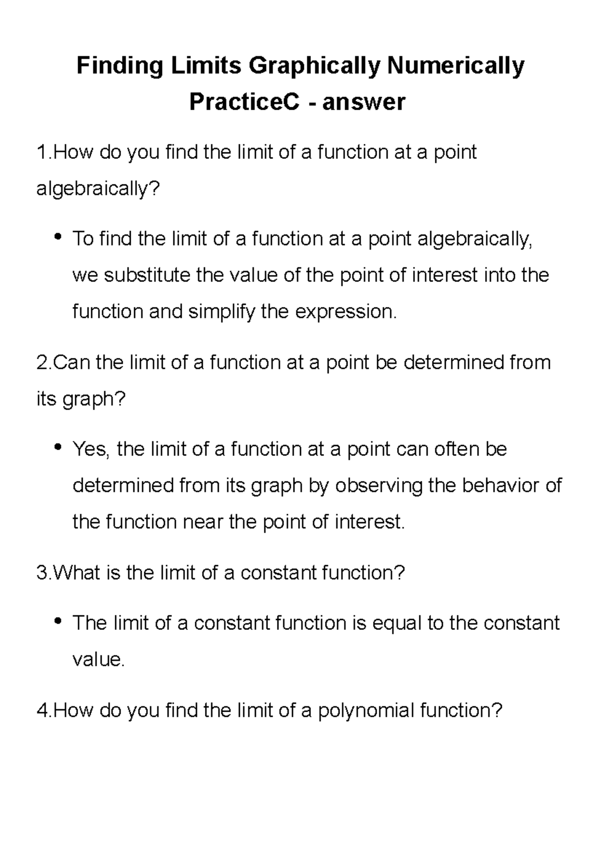 Finding Limits Graphically Numerically Practice C - answer - 2 the limit of a function at a ...