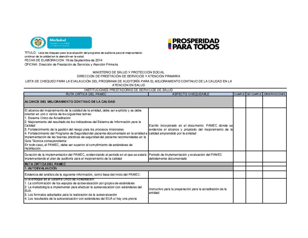 Lista DE Chequeo PARA Implementar Y Evaluar EL Pamec - continuo de la ...