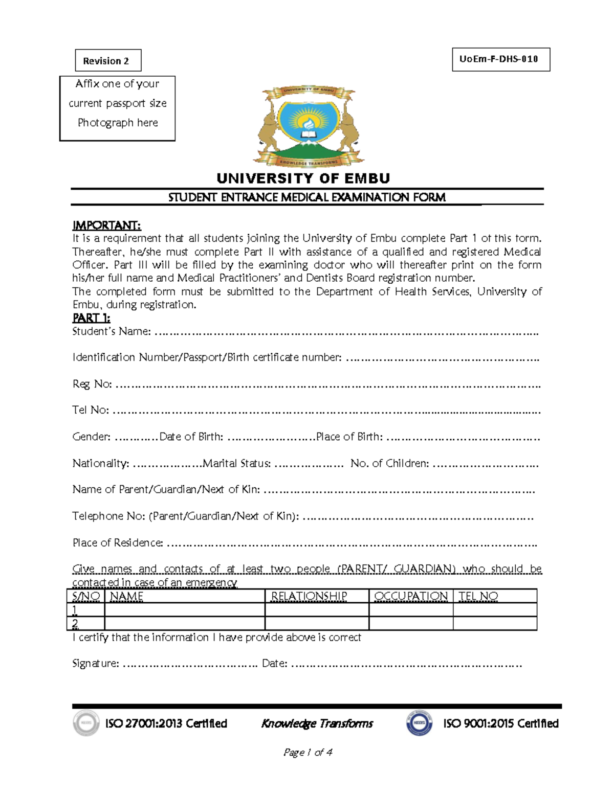 Uo Em- Student Entrance Medical FORM - ISO 2 7 001:2 013 Certified ...