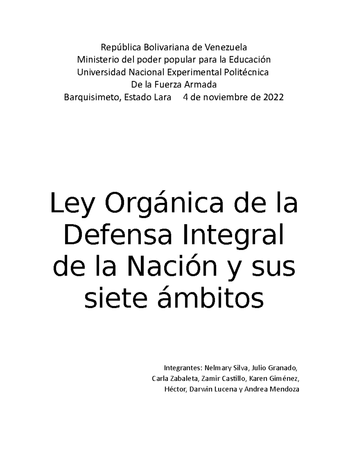 Defensa Integral DE LA Nacion - Informe - República Bolivariana de ...