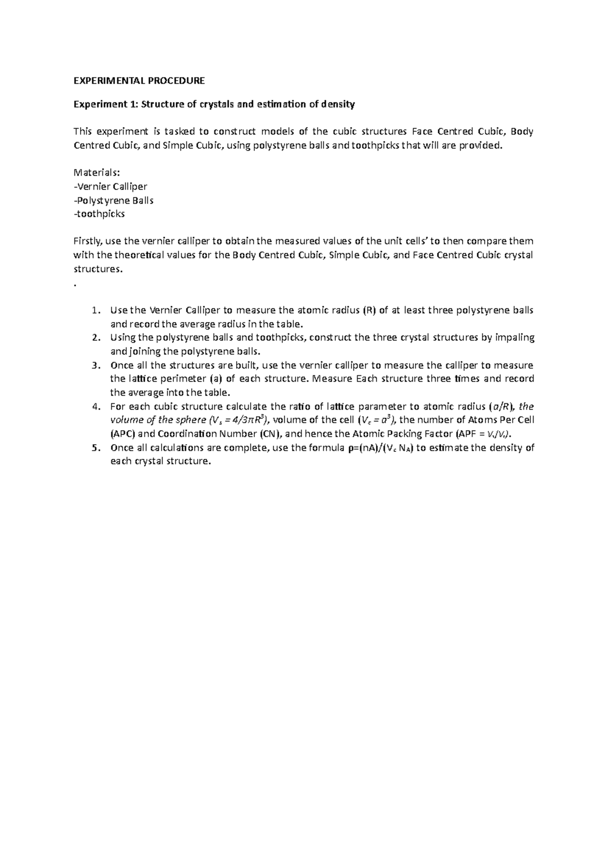 Experimental Procedure - lab report - EXPERIMENTAL PROCEDURE Experiment ...