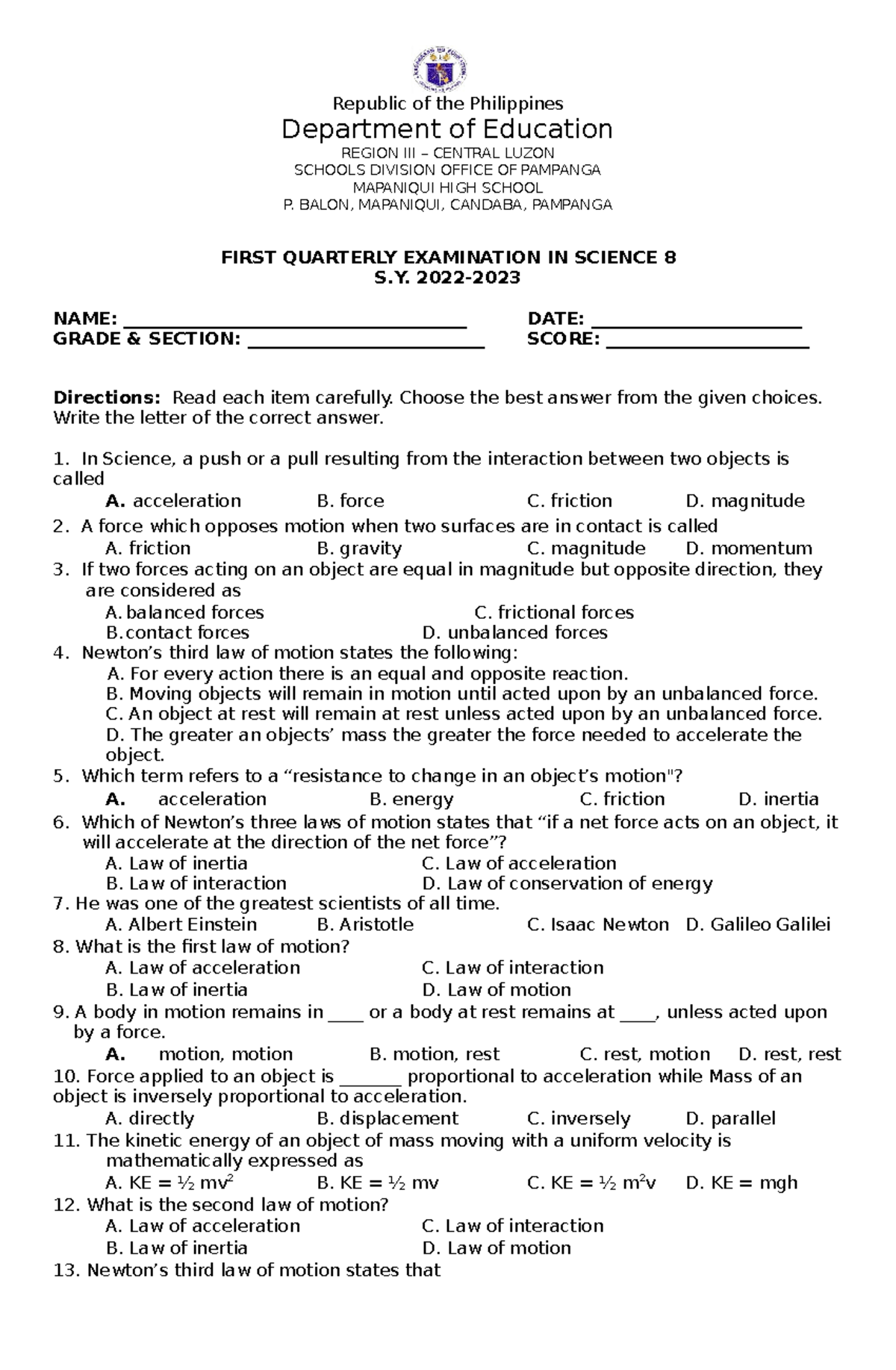 1st Quarterly Examination - G8 (Final) - Republic of the Philippines ...