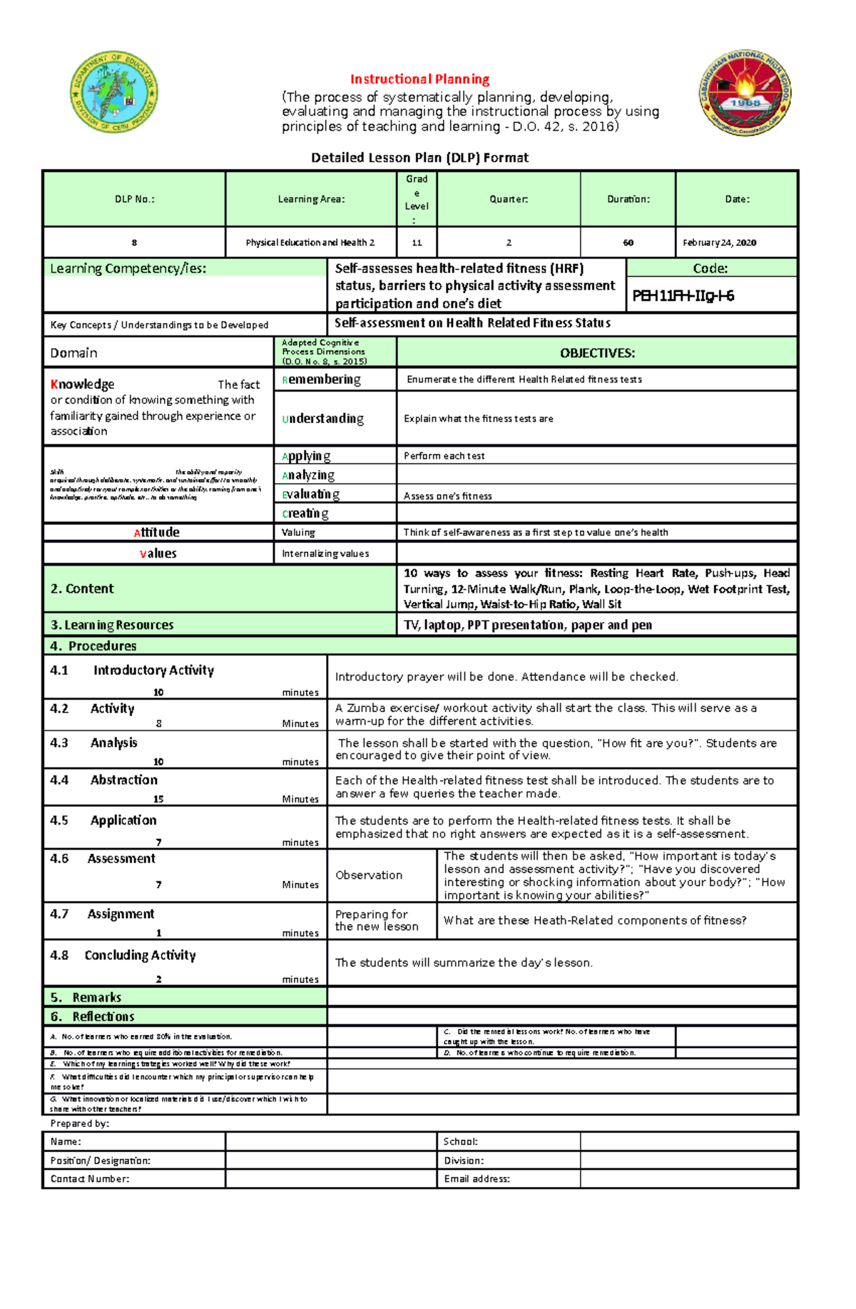 Dlp 8 PE2 - lesson plan in PE - Instructional Planning (The process of ...