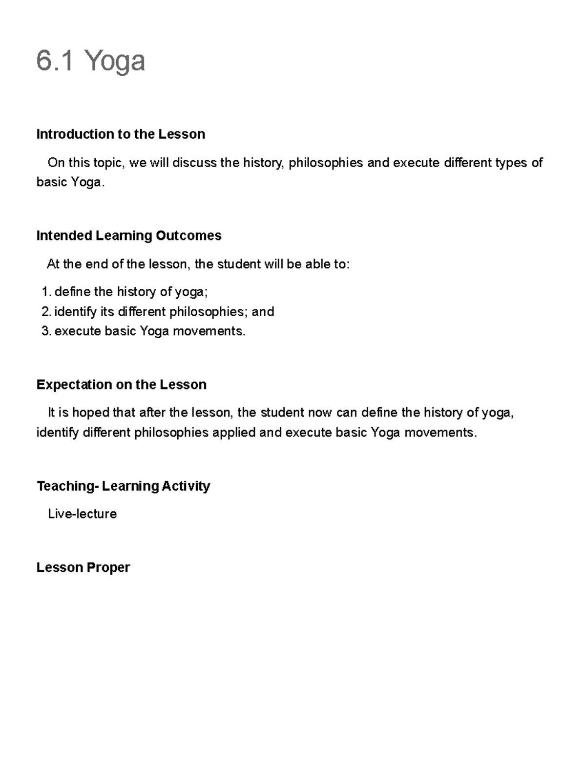 6.1 Yoga PE 201 - Physical Education 3 - 6 Yoga Introduction to the ...