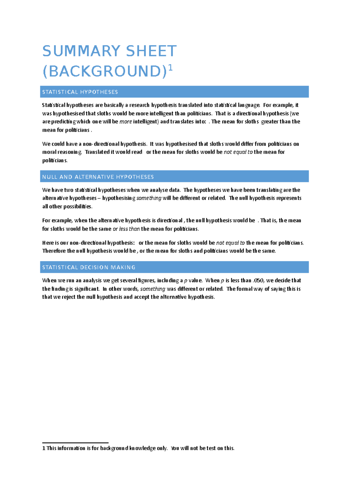 Summary Sheet statistical hypotheses - SUMMARY SHEET (BACKGROUND) 1 ...