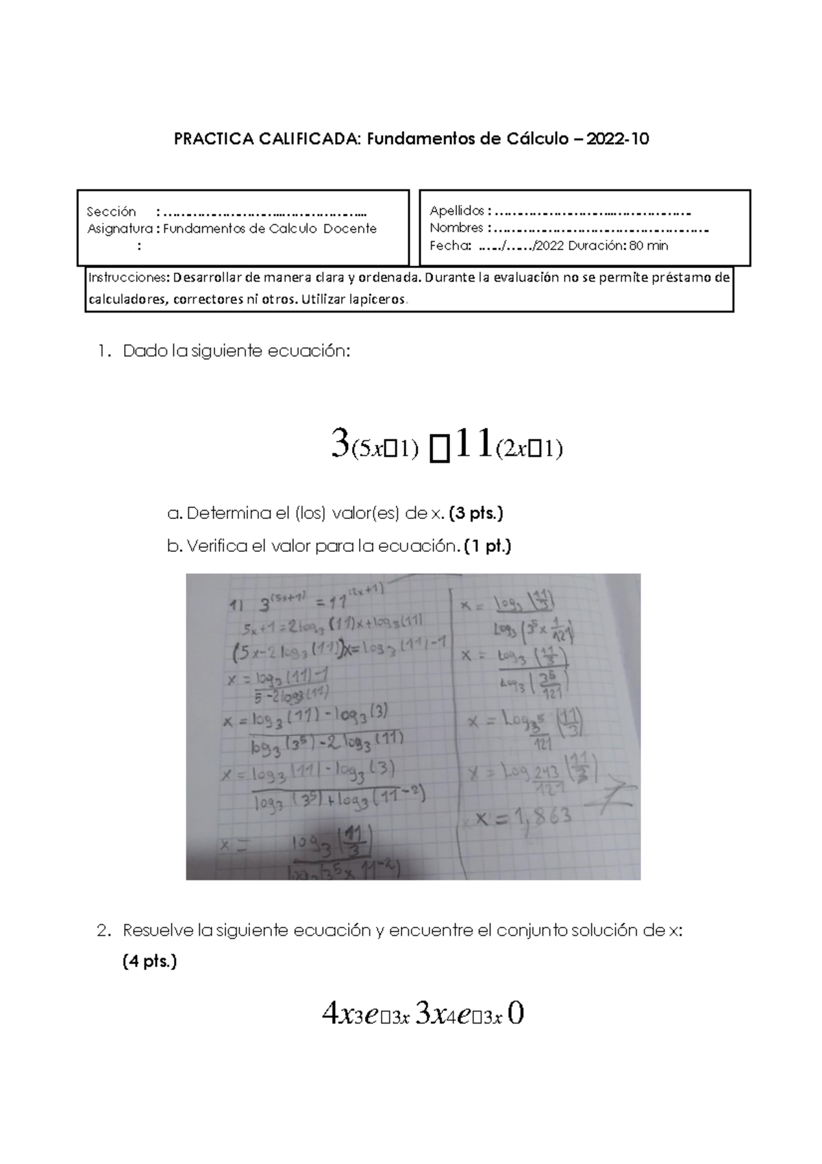 2 practica calificada - copien prros - PRACTICA CALIFICADA: Fundamentos de C·lculo – 2022 ...