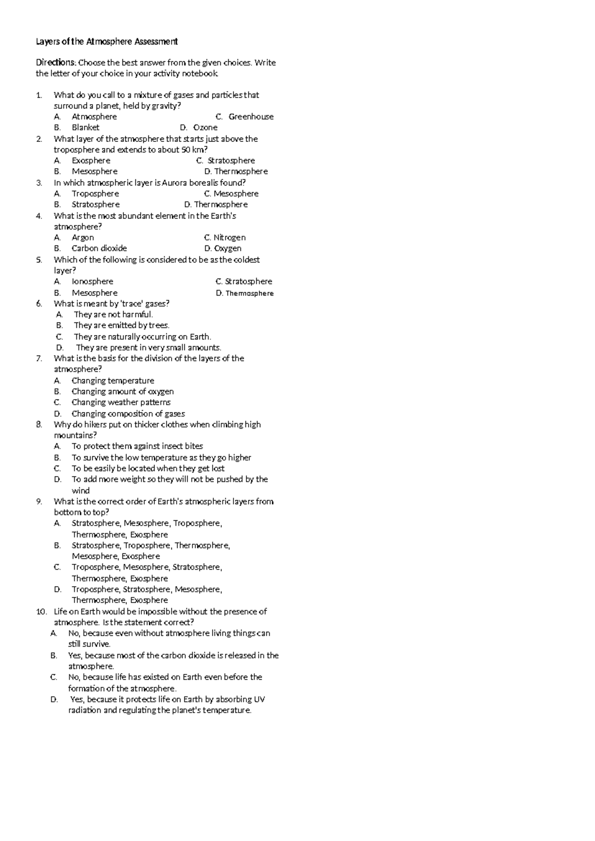 Science 7 Layers of the Atmosphere Assessment - Layers of the ...