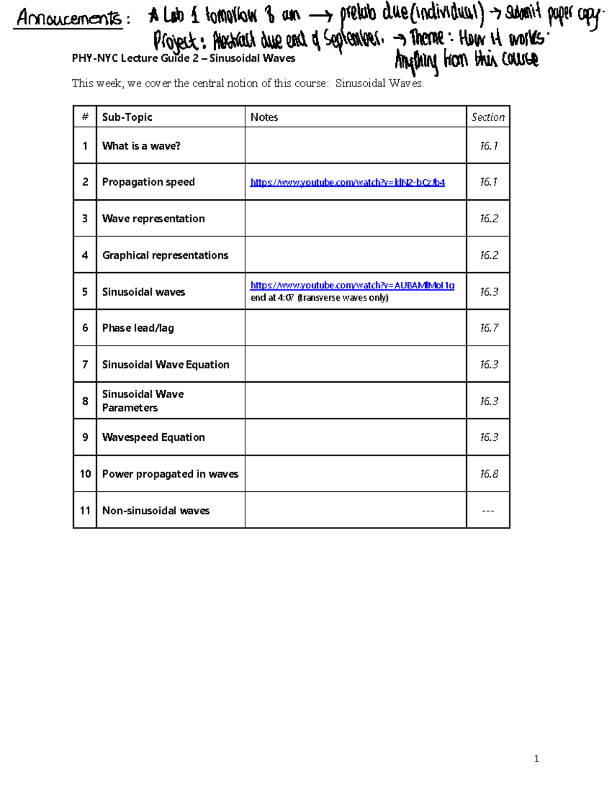 Lecture Guide Phy Nyc Week02 Sinusoidal Waves 1 Phy Nyc Lecture Guide 2 Sinusoidal Waves