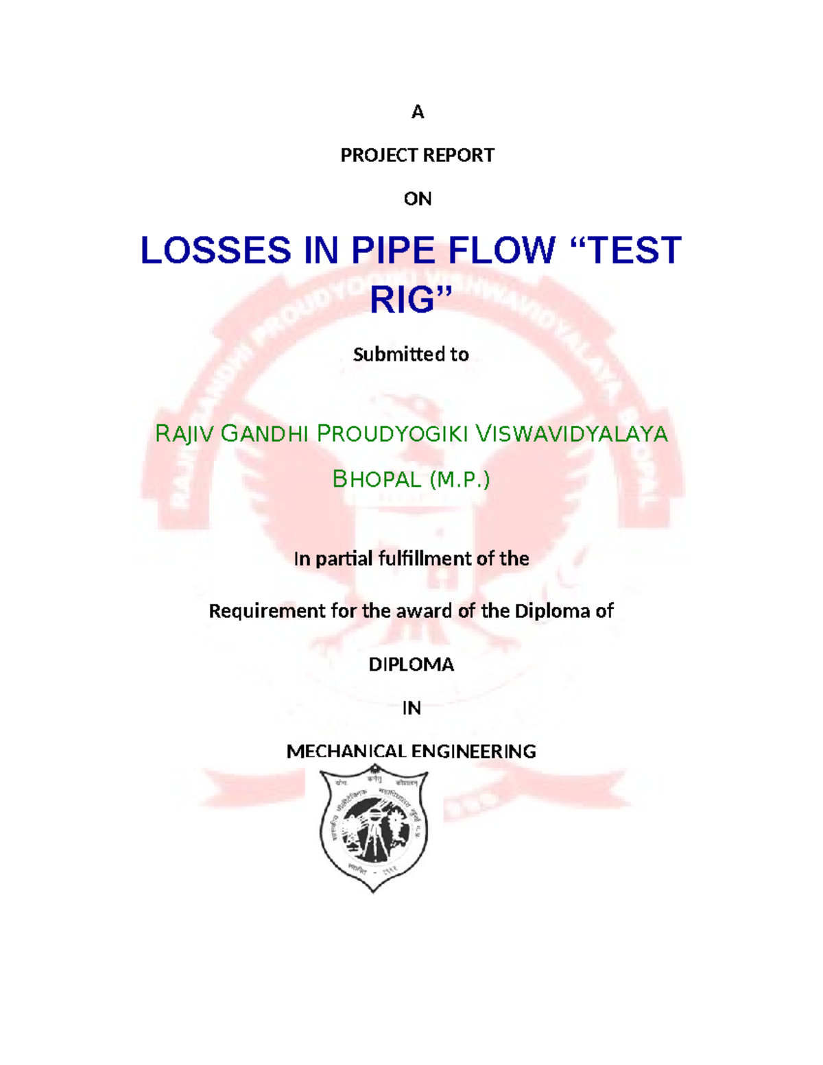 NT - ddd - A PROJECT REPORT ON LOSSES IN PIPE FLOW “TEST RIG” Submitted ...