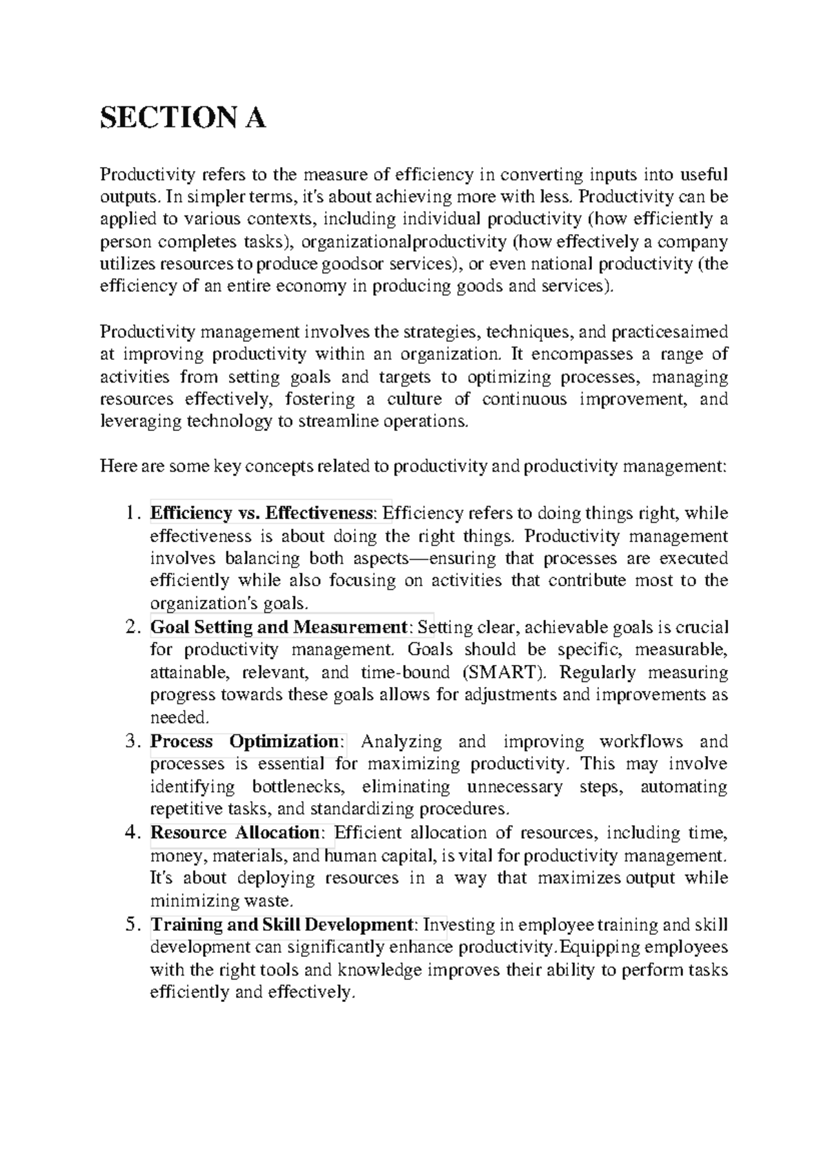 Productivity Management - SECTION A Productivity refers to the measure ...