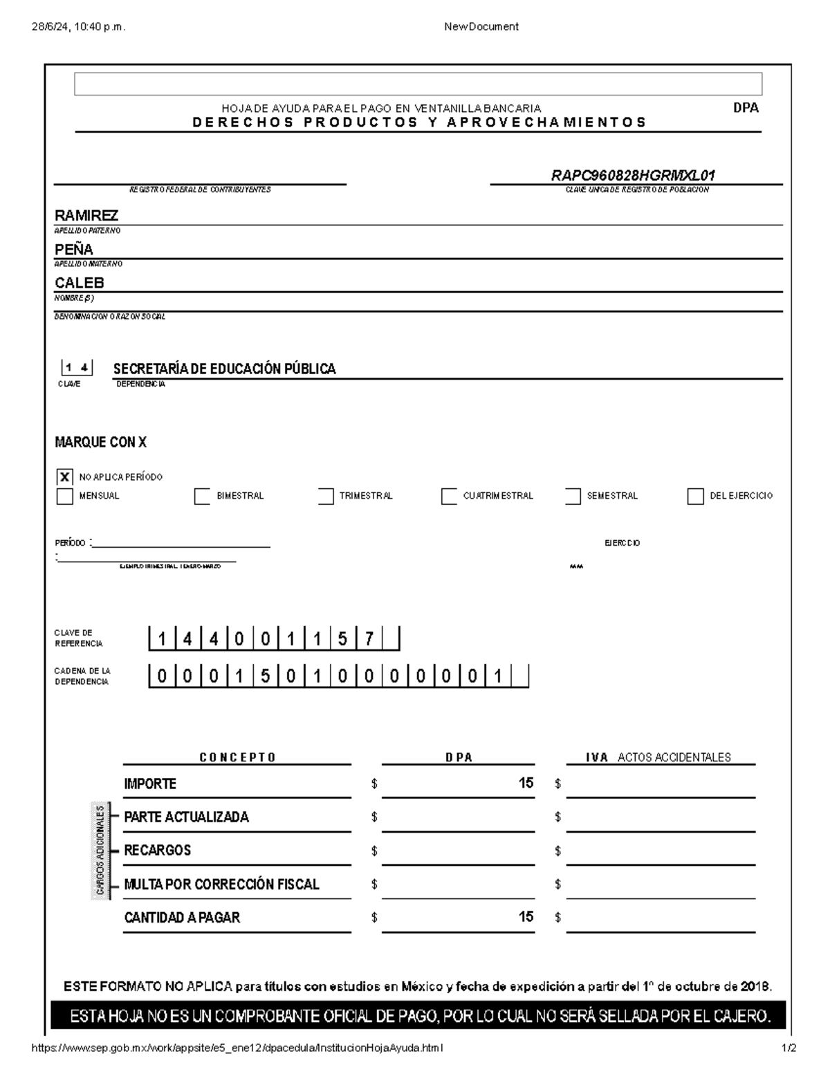 New Document 2 - HOJA DE AYUDA PARA EL PAGO EN VENTANILLA BANCARIA DPA D E R E C H O S P R O D U ...