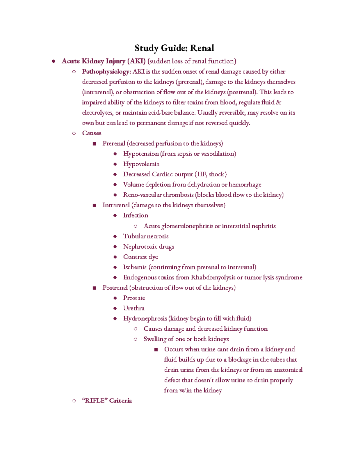 Study Guide: Renal System - Study Guide: Renal Acute Kidney Injury (AKI ...