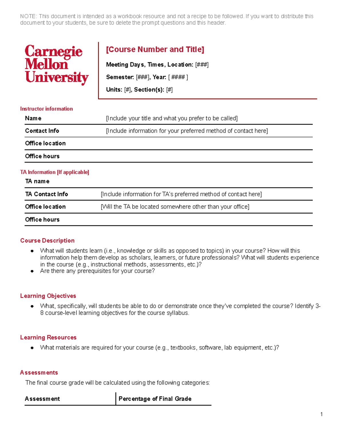 CMU Syllabus Template - NOTE: This document is intended as a workbook ...