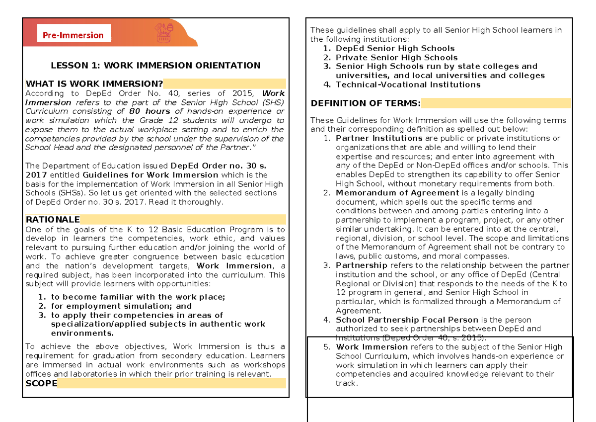 Pre-immersion lesson 1 - work immersion orientation - LESSON 1: WORK IMMERSION ORIENTATION WHAT ...