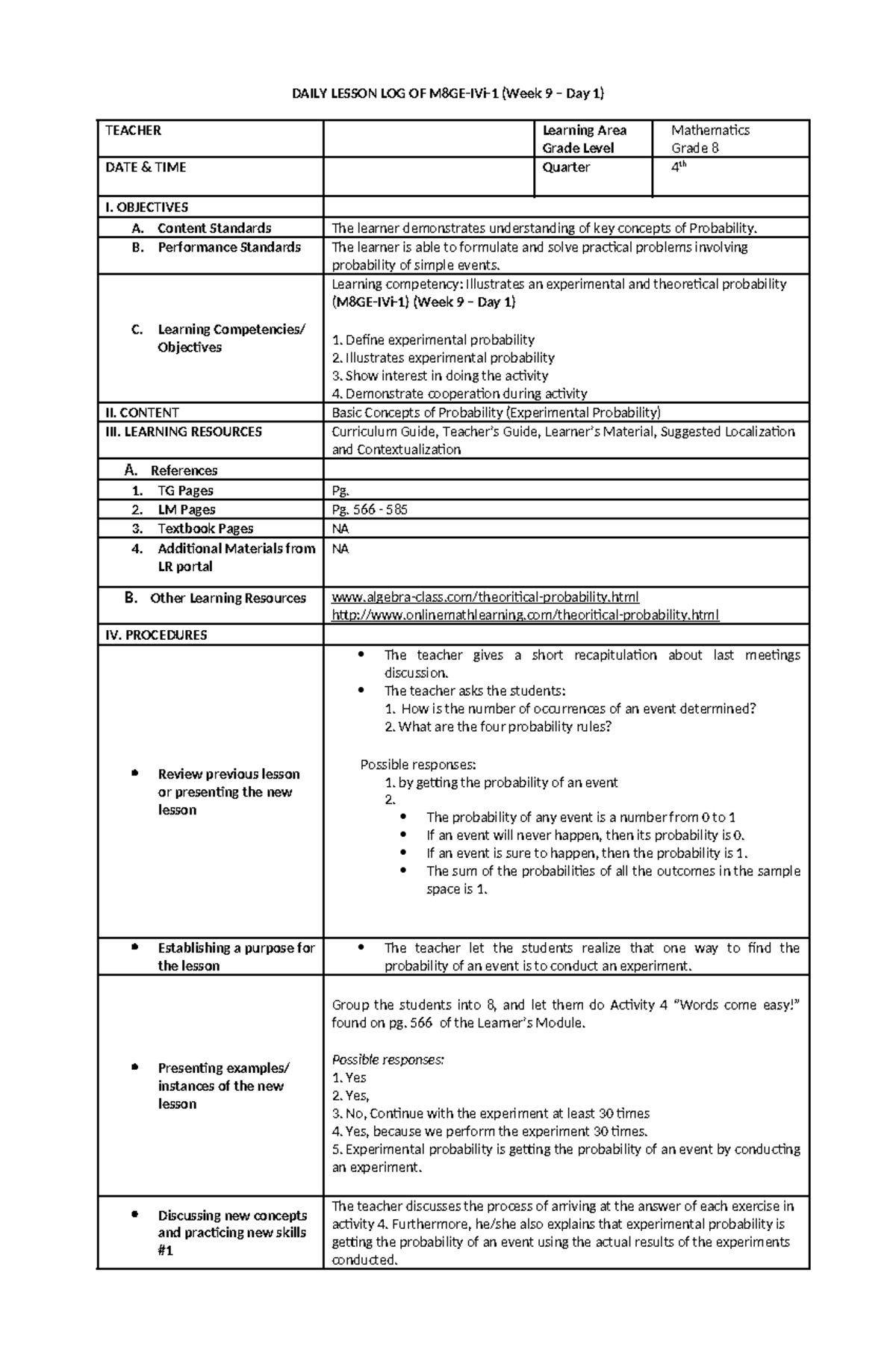DLL-MATH8-Q4-DAY33 - DAILY LESSON LOG OF M8GE-IVi-1 (Week 9 – Day 1 ...