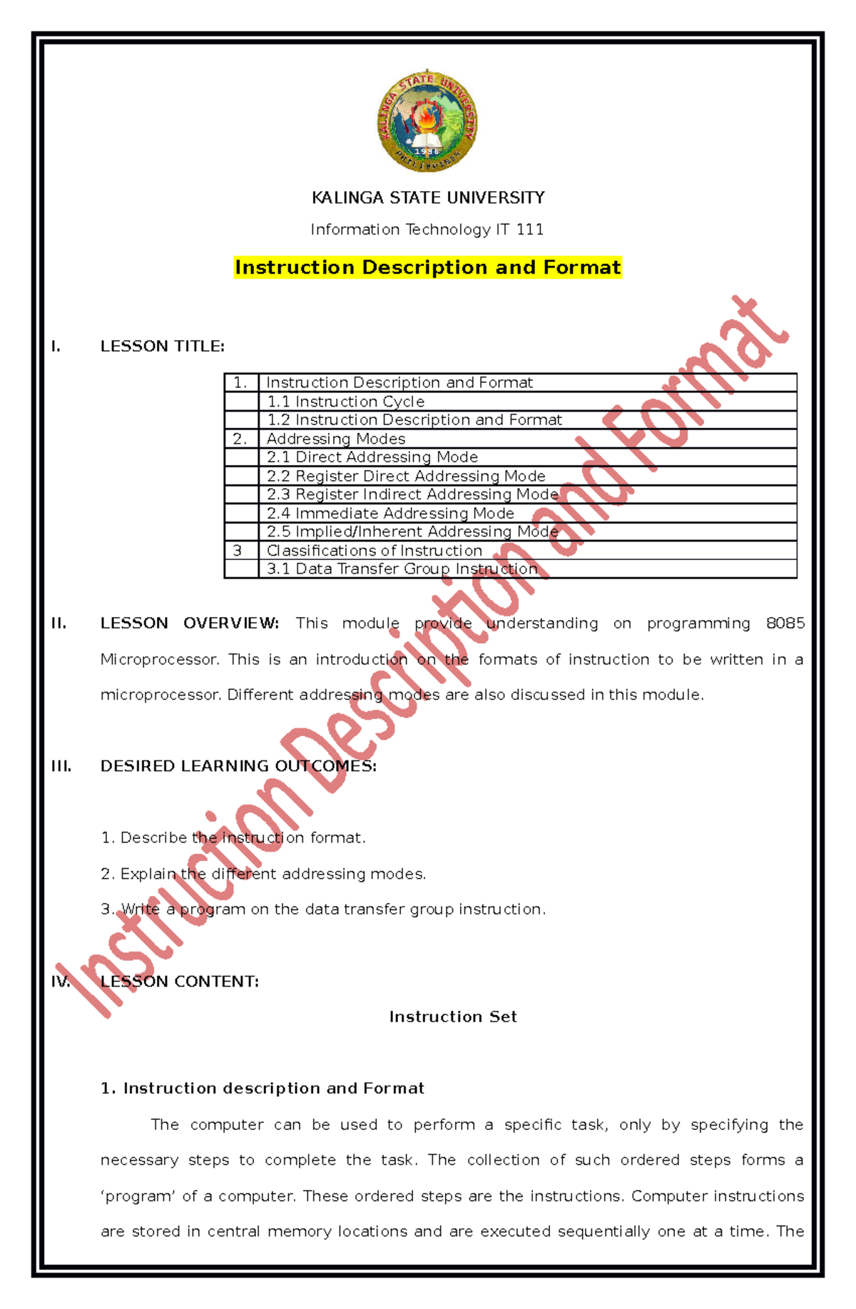 Instruction Description and Format - LESSON TITLE: Instruction ...