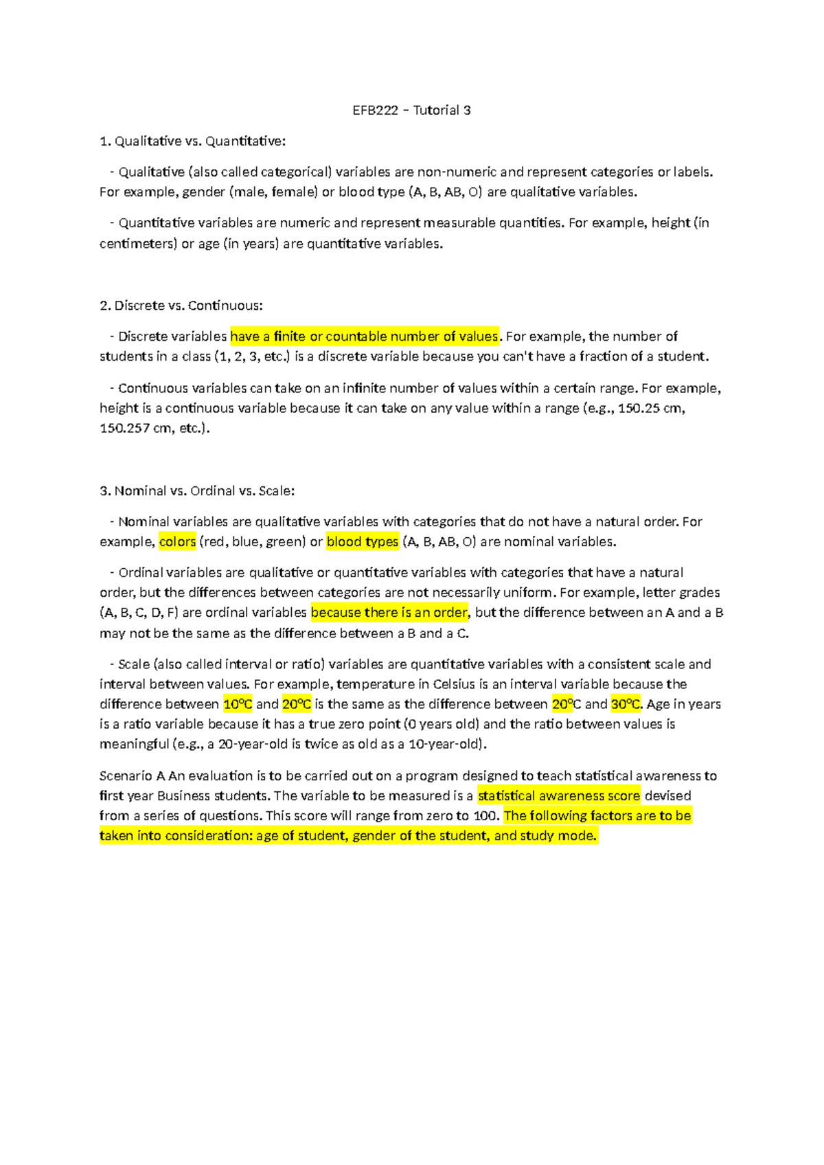 Tutorial 3 - EFB222 – Tutorial 3 Qualitative vs. Quantitative: Qualitative (also called ...