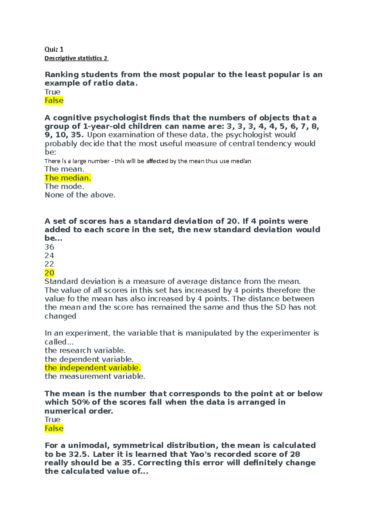 Quiz 1- Quick notes - Quiz 1 Descriptive statistics 2 Ranking students ...