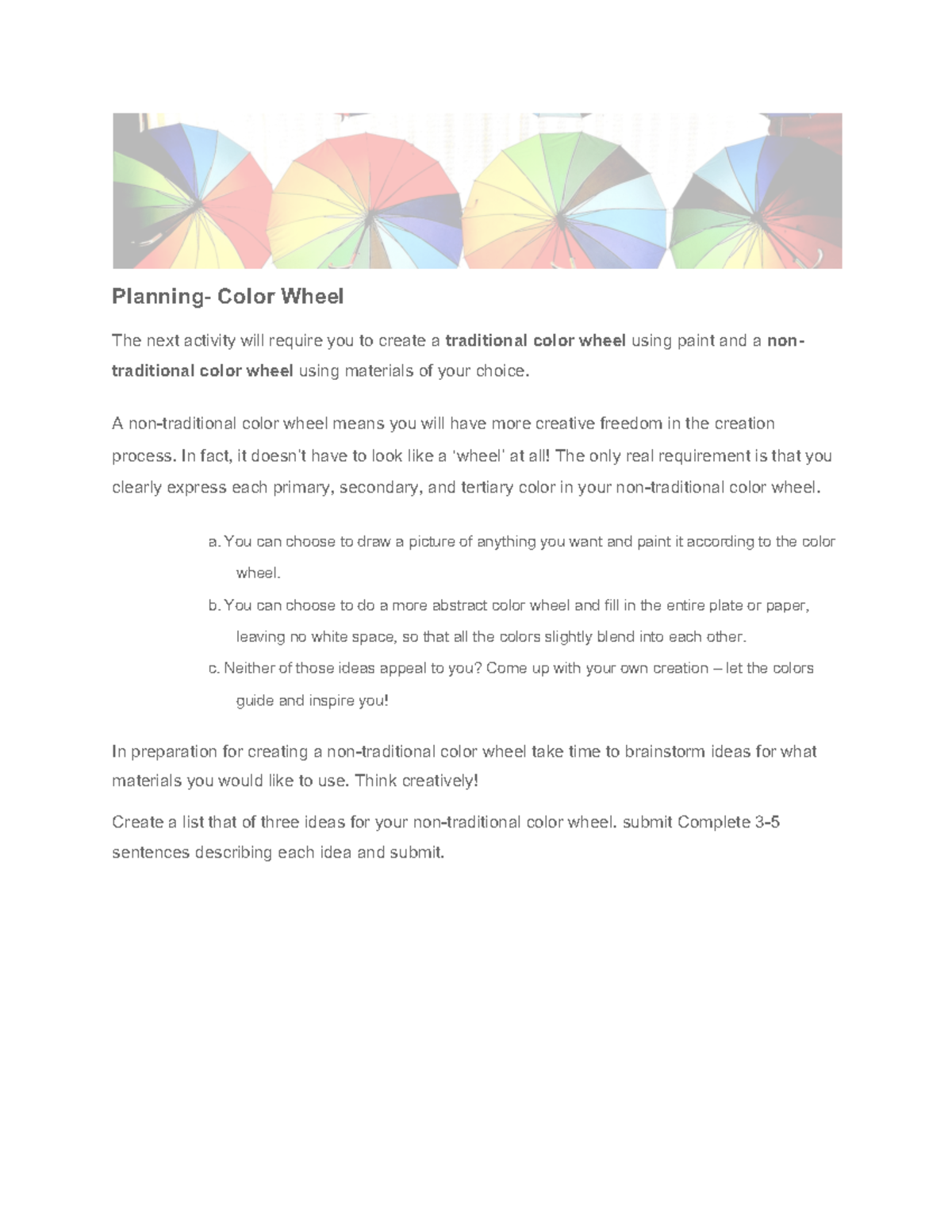 Planning Color Wheel - Planning- Color Wheel The next activity will ...
