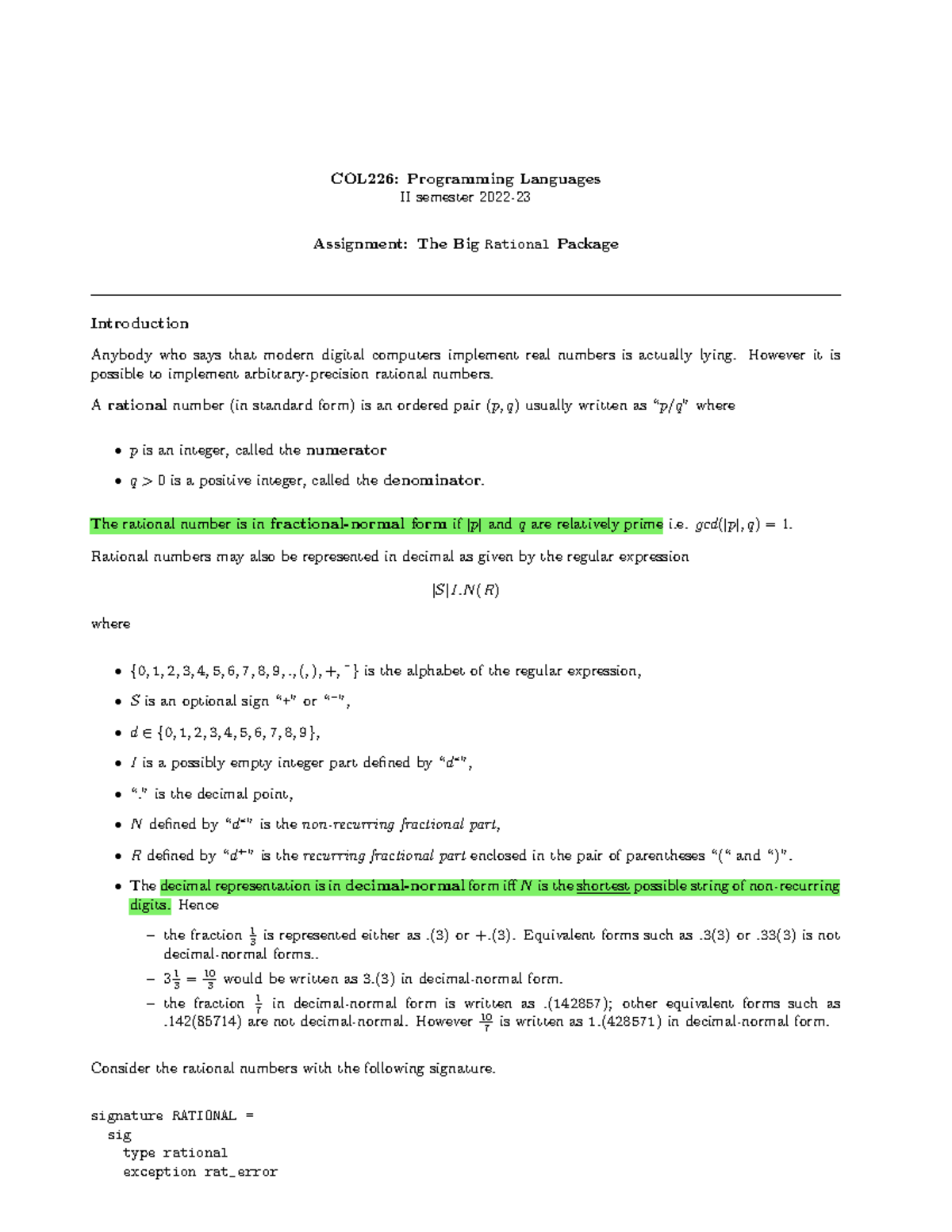Bigrat-functor - COL226: Programming Languages II semester 2022- Assignment: The Big Rational ...