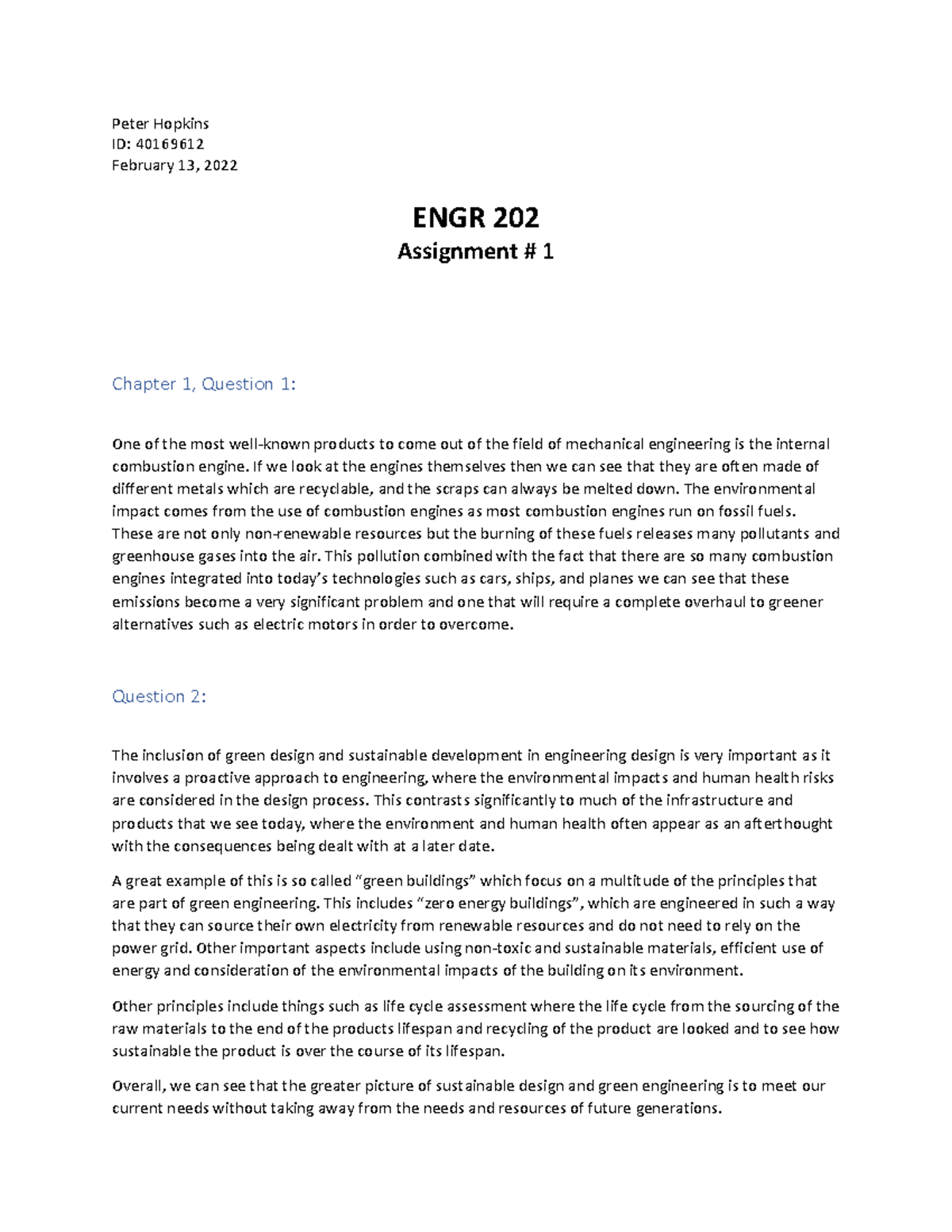 Assignment #1 - Peter Hopkins - Peter Hopkins ID: 40169612 February 13, 2022 ENGR 202 Assignment ...
