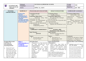 Catch Up Friday LP Edited 1 - Catch–Up Friday Lesson Plan GRADE SIX ...