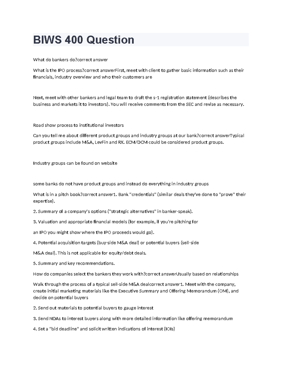 BIWS 400 Question - BIWS 400 Question What do bankers do?correct answer ...