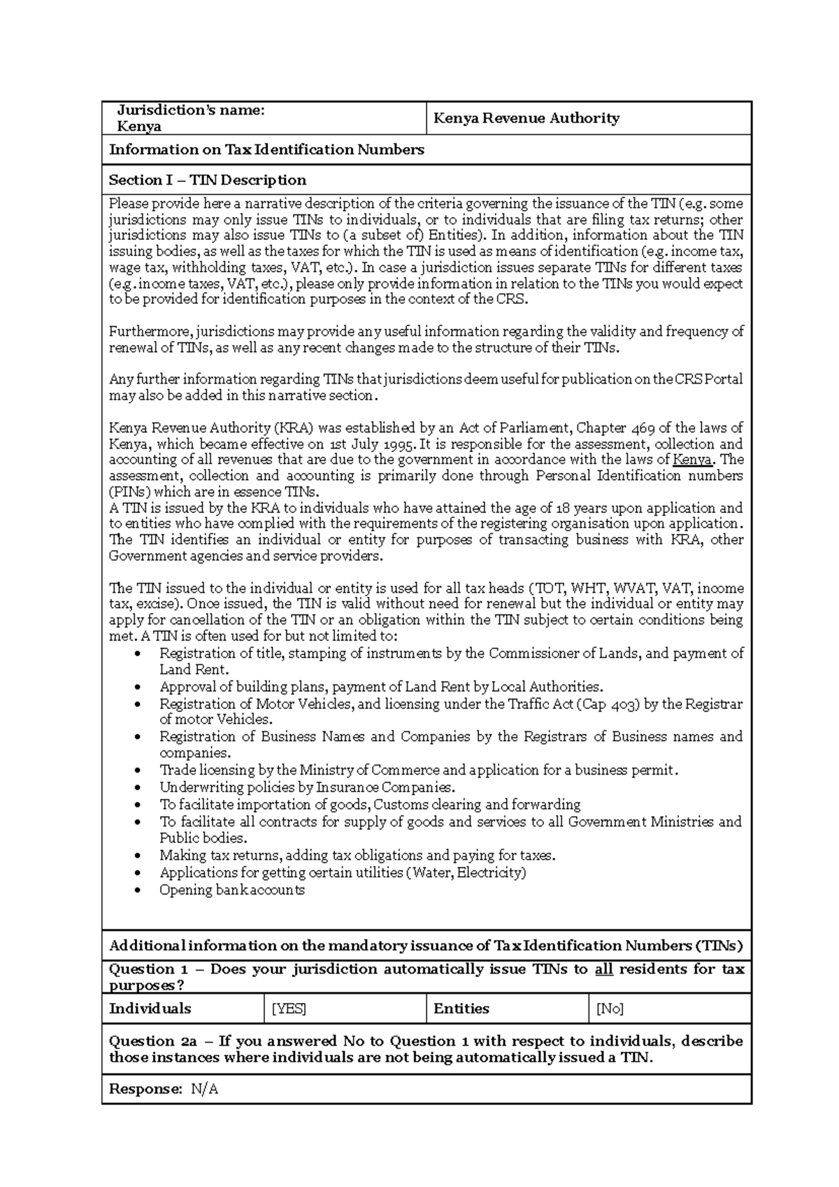 Kenya-TIN - TAX - Jurisdiction’s name: Kenya Kenya Revenue Authority ...