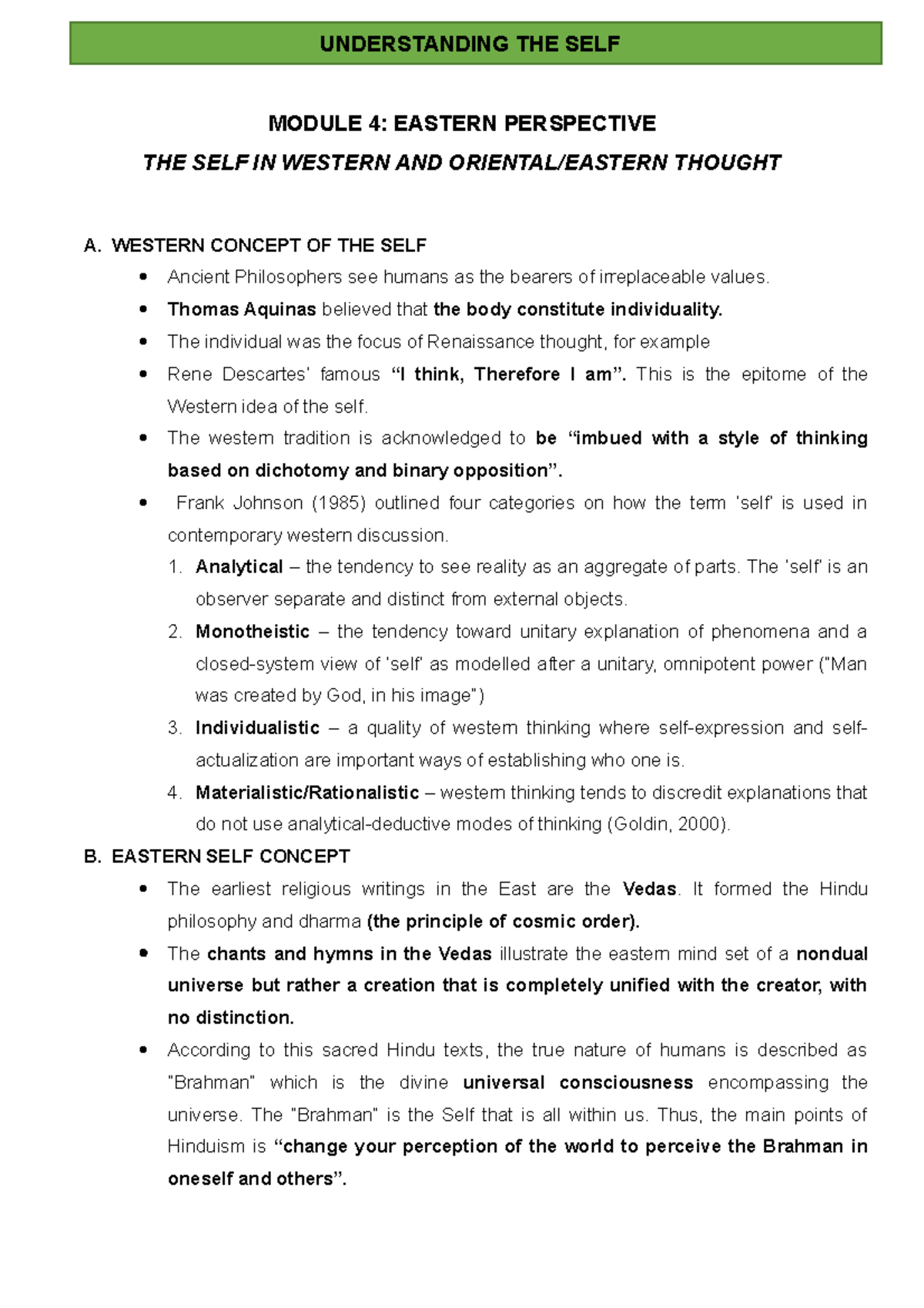 Midterms UTS Transes - understanding the self - MODULE 4: EASTERN ...