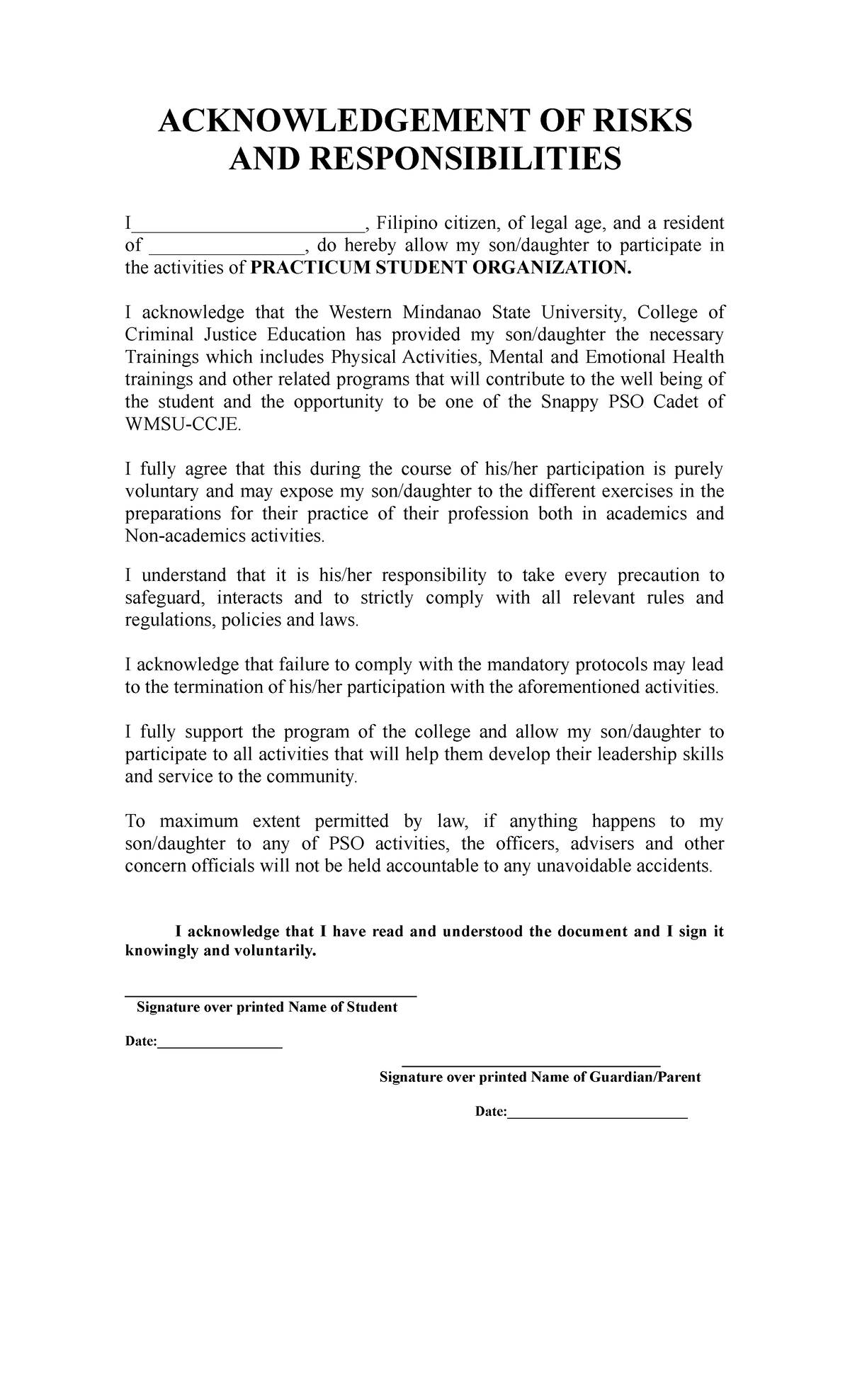 Cadets Student Waiver AND Parents Consent - ACKNOWLEDGEMENT OF RISKS ...