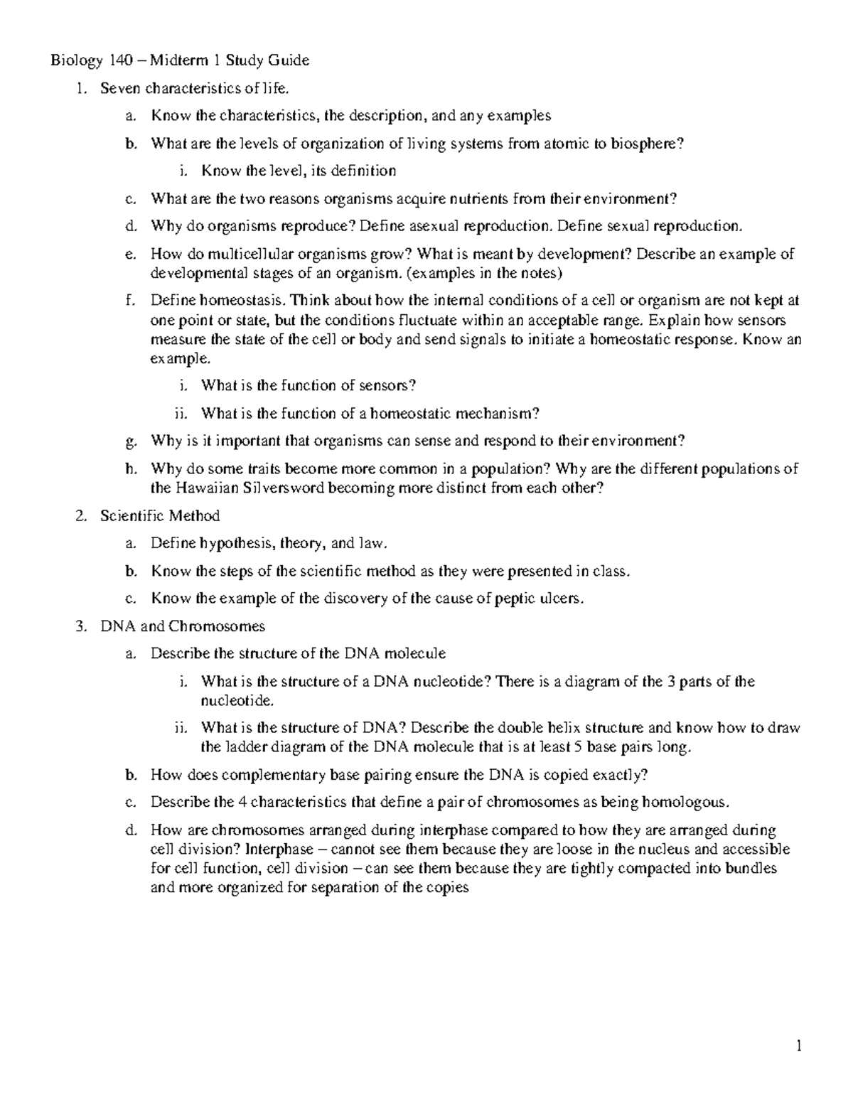 Biology 140 midterm 1 study guide W2020 - 1 Biology 140 – Midterm 1 ...